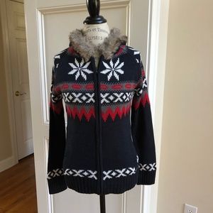 Sweaters | Winter Fair Isle Sweater New Navy Red Ivory Hooded | Poshmark